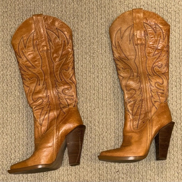 Shoes | Camelcaramel Color Kneehigh Cowboy Boots With 45 Inch Heels ...